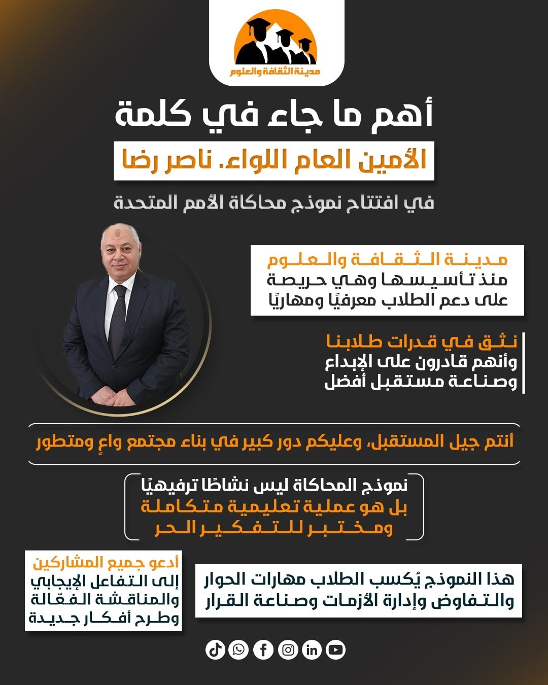أهم ما جاء في كلمة اللواء ناصر رضا خلال افتتاح نموذج محاكاة الأمم المتحدة
